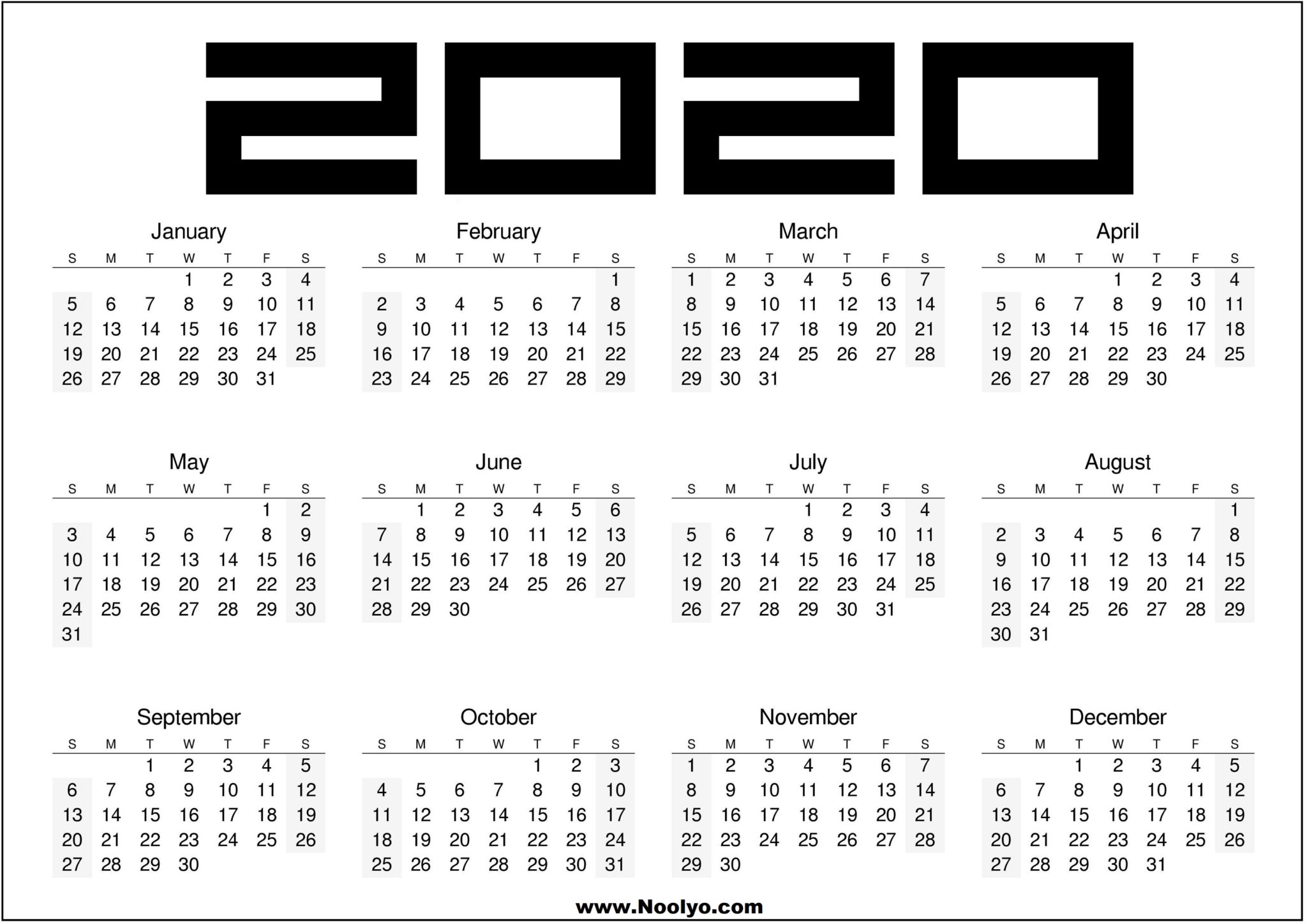 2020 Calendar Printable Template Free – Noolyo.com