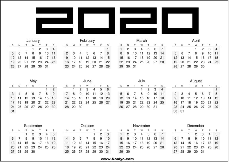 2020 Calendar Printable Template Free – Noolyo.com