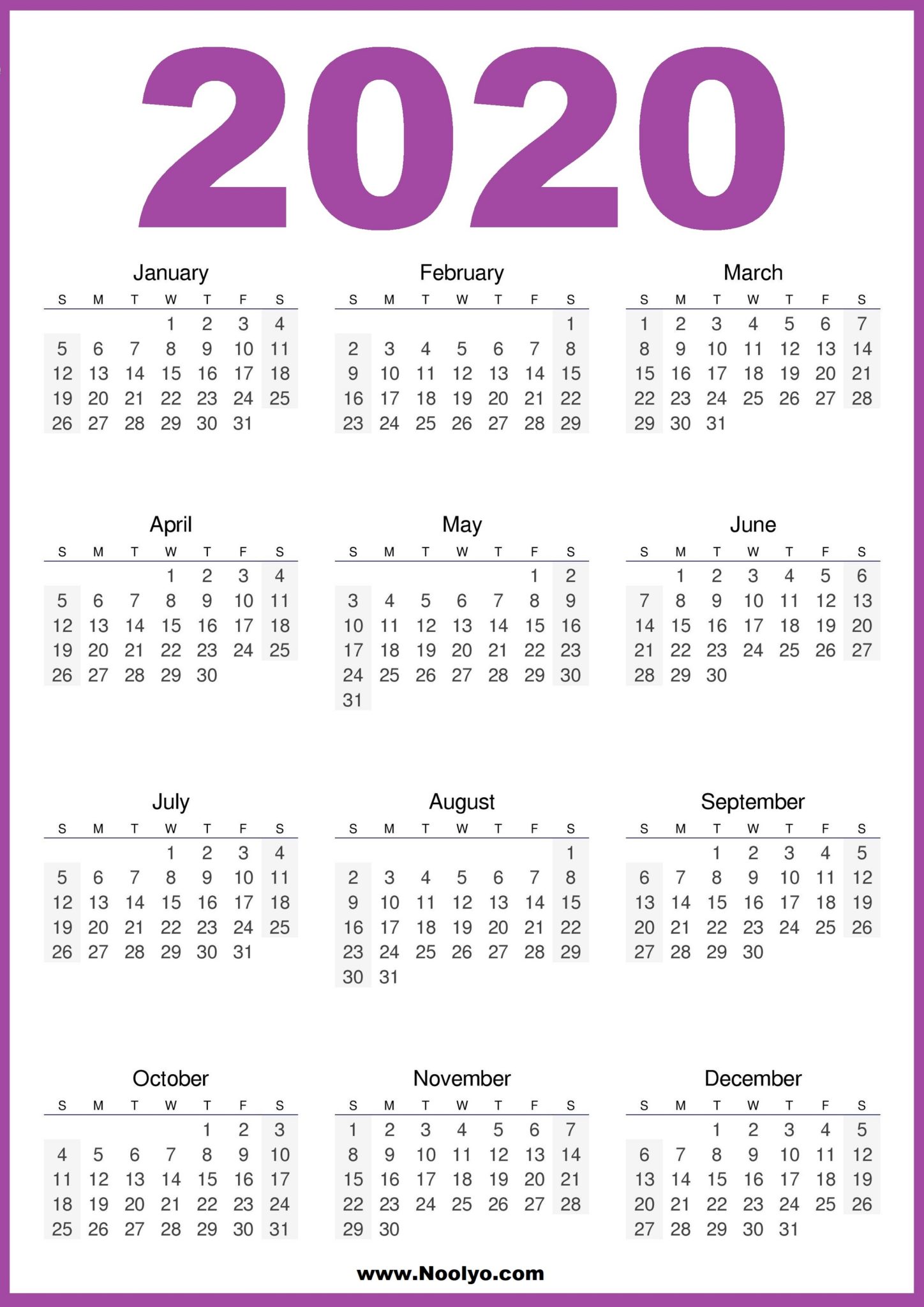 2020 Calendar Printable One Page HD – Noolyo.com