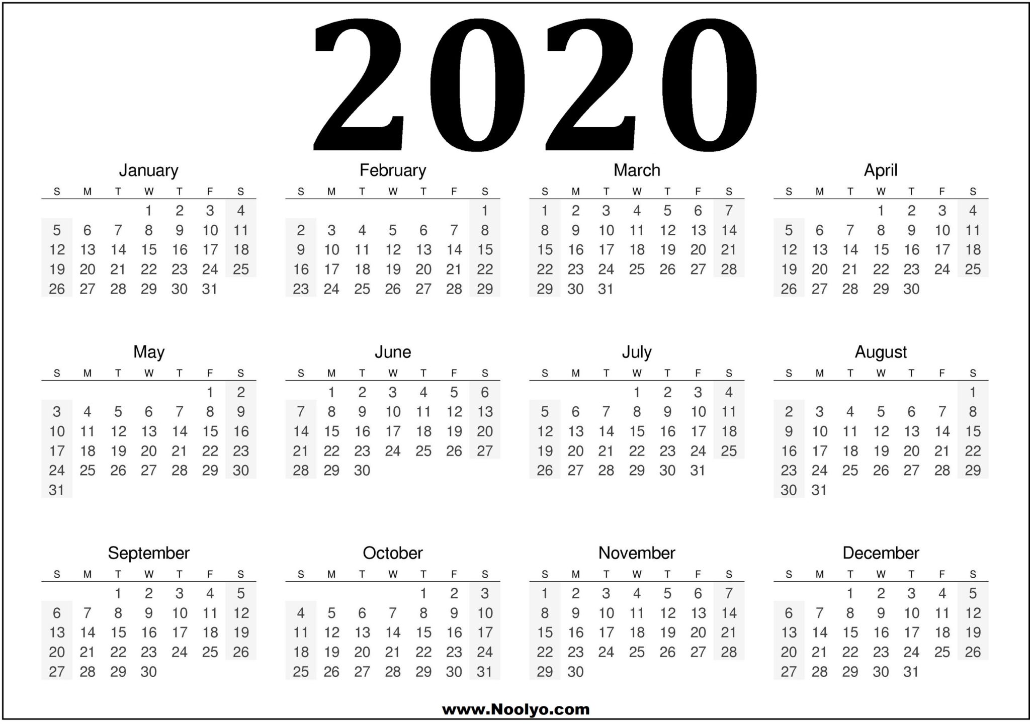 2020 Calendar One Page Printable – Noolyo.com