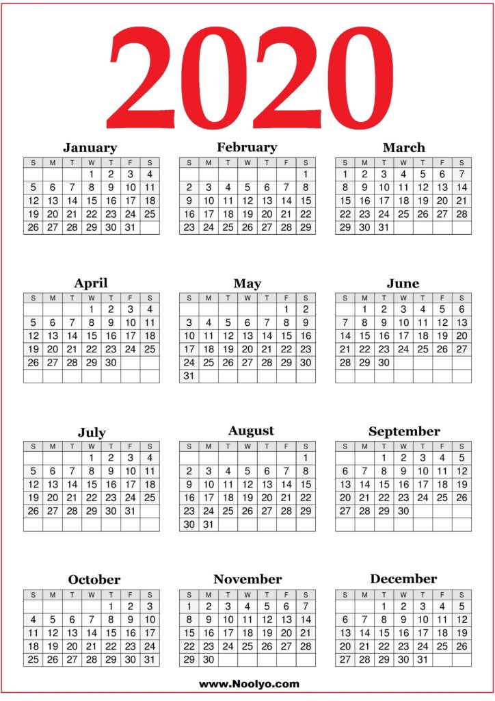 2020 Printable Year Calendars Red, Black and White – Noolyo.com
