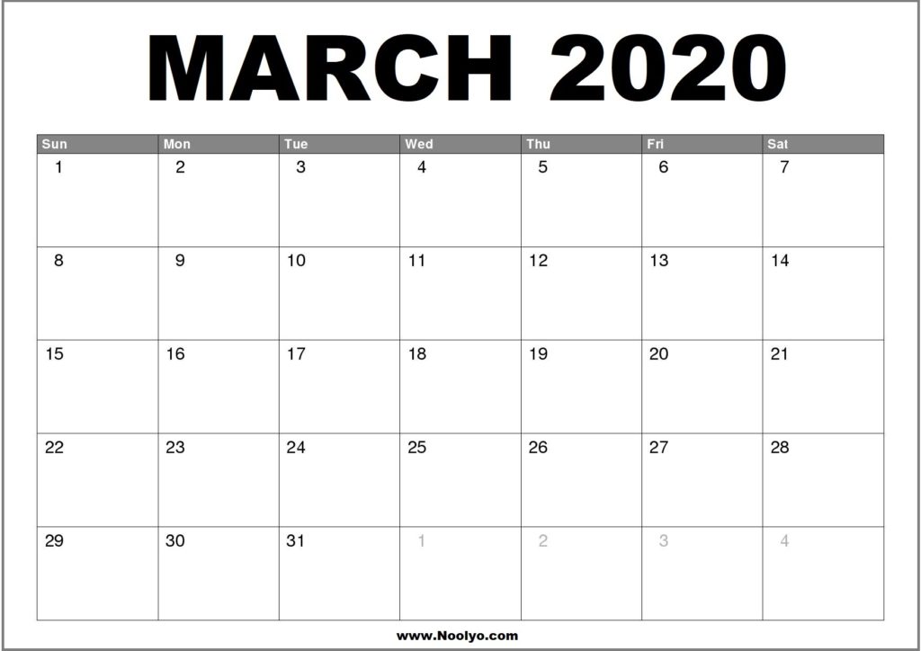 March 2020 Calendar Printable – Free Download – Noolyo.com