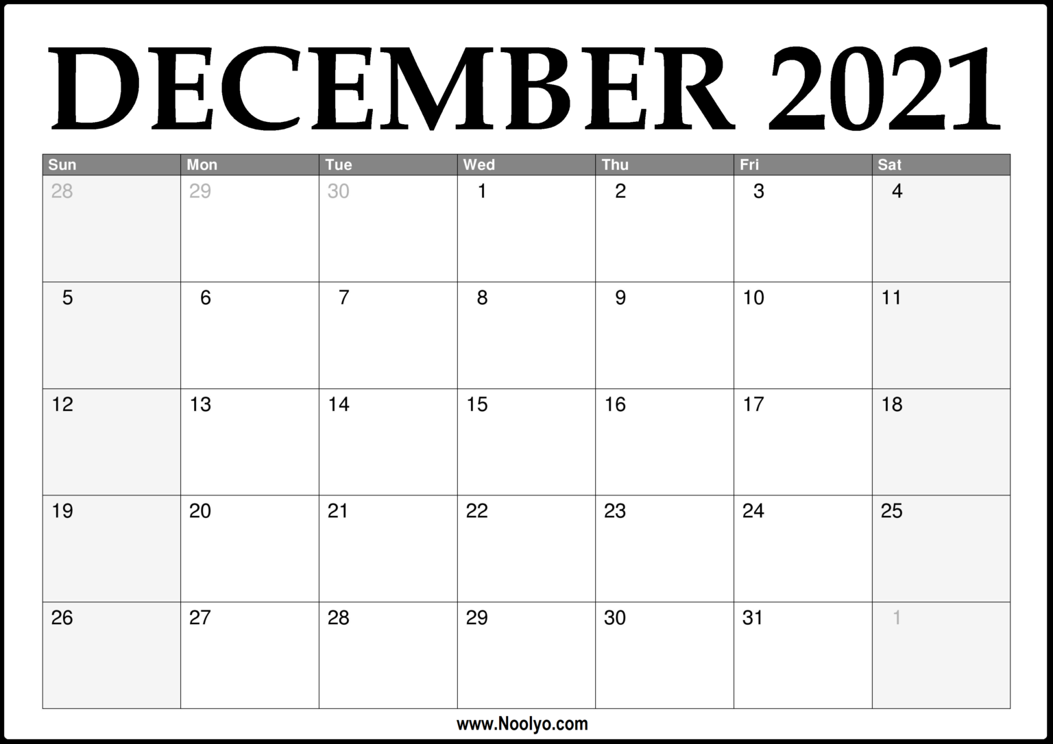 2021 December Calendar Printable – Download Free – Noolyo.com