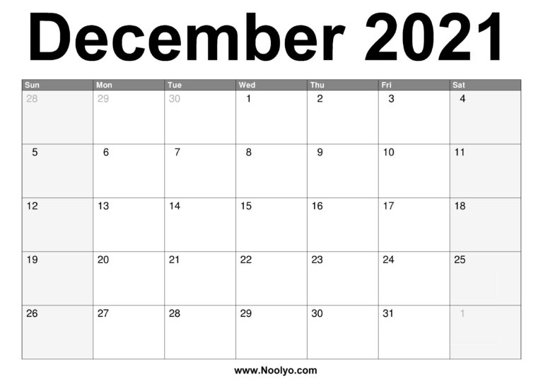 December 2021 Calendar Printable – Free Download – Noolyo.com