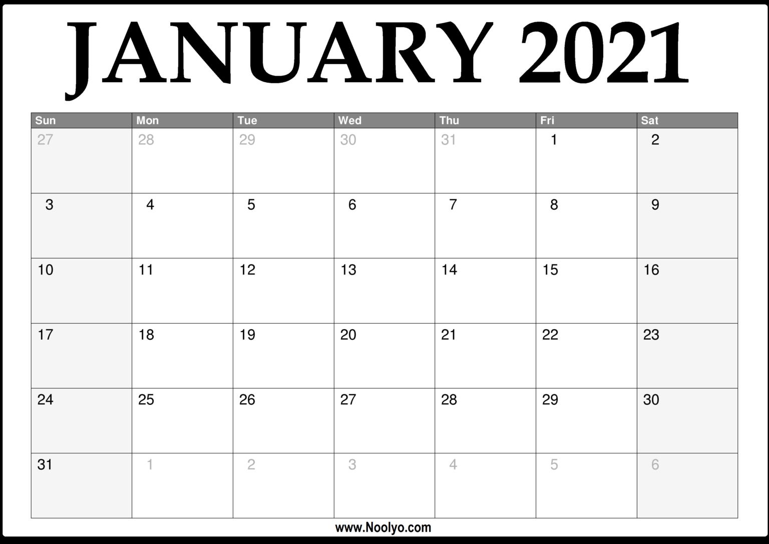 2021 January Calendar Printable – Download Free – Noolyo.com