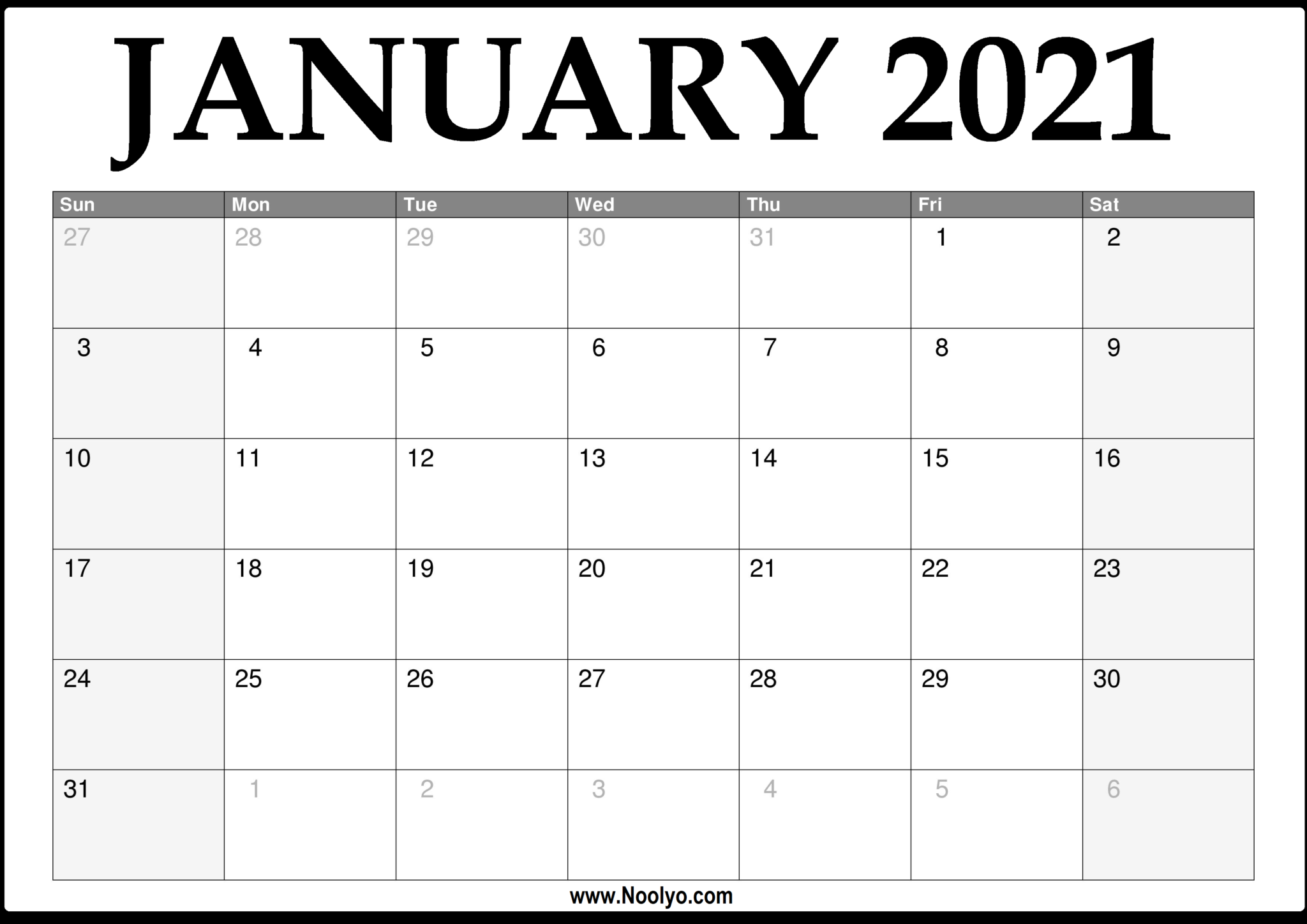 2021 January Calendar Printable – Download Free – Noolyo.com