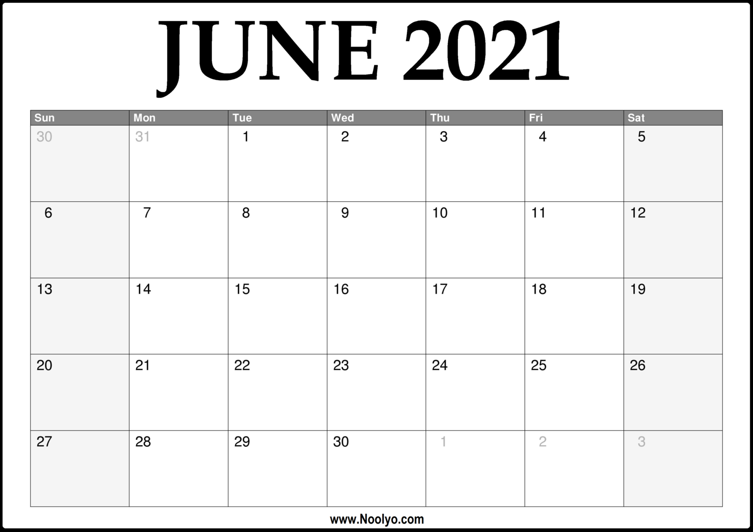 2021 June Calendar Printable – Download Free – Noolyo.com