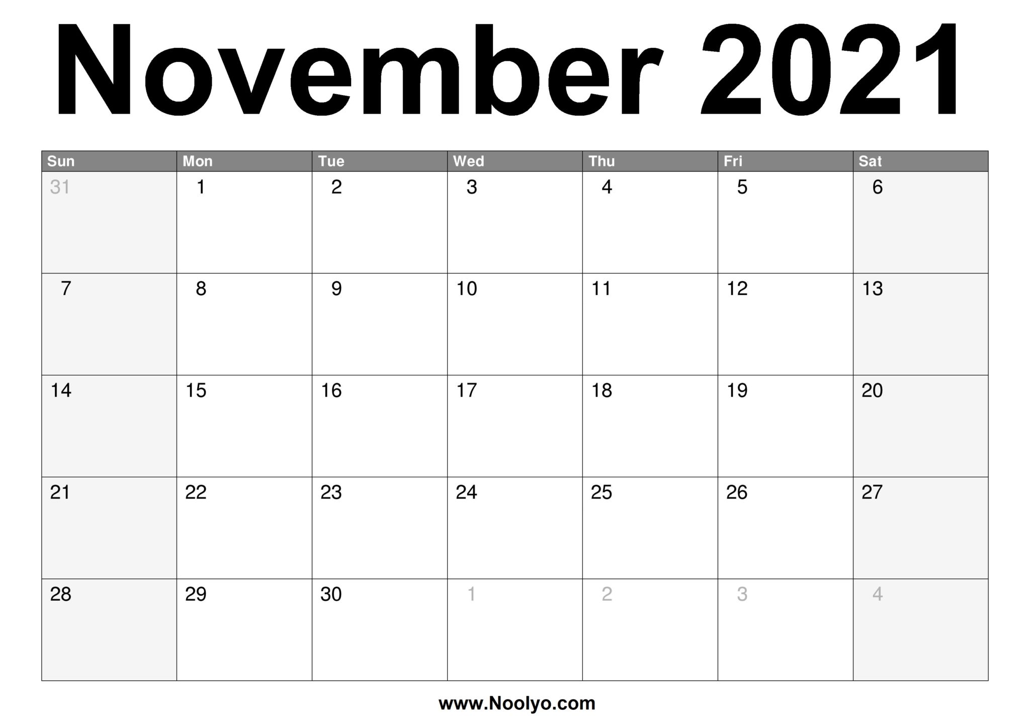 November 2021 Calendar Printable – Free Download – Noolyo.com