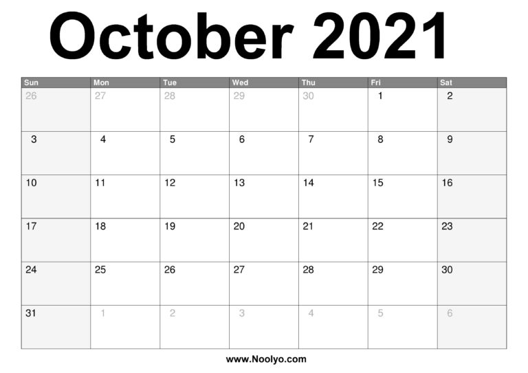 October 2021 Calendar Printable – Free Download – Noolyo.com