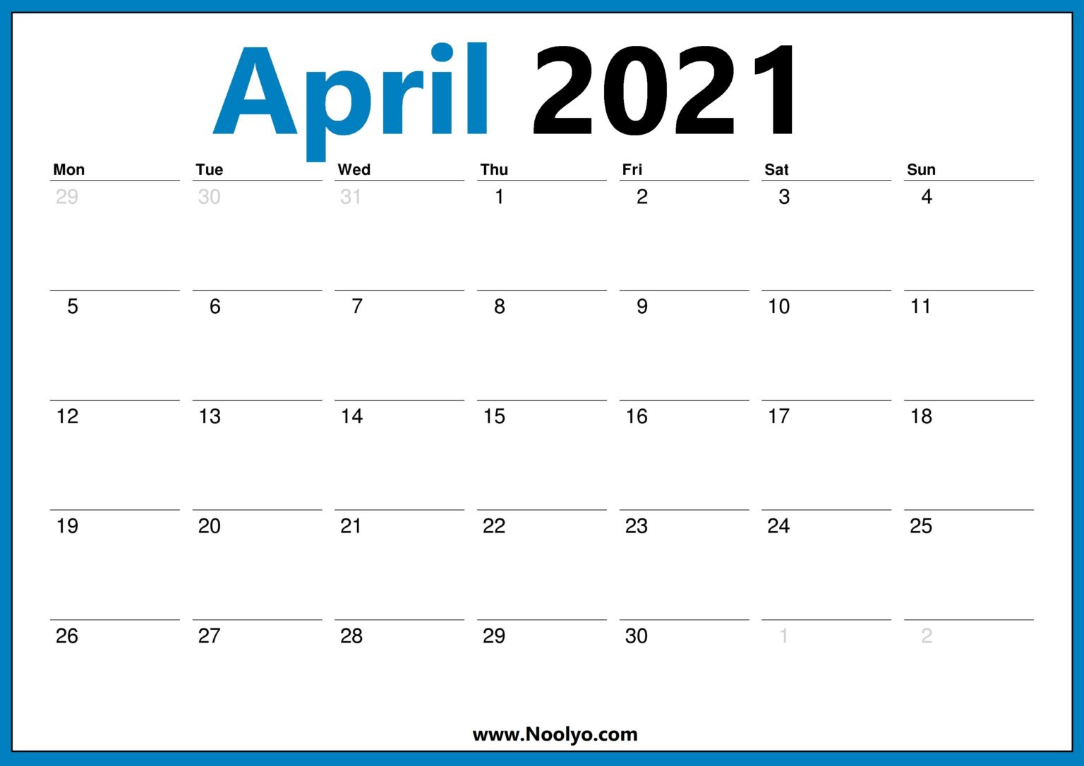 April 2021 Calendar Starts with Monday – Noolyo.com