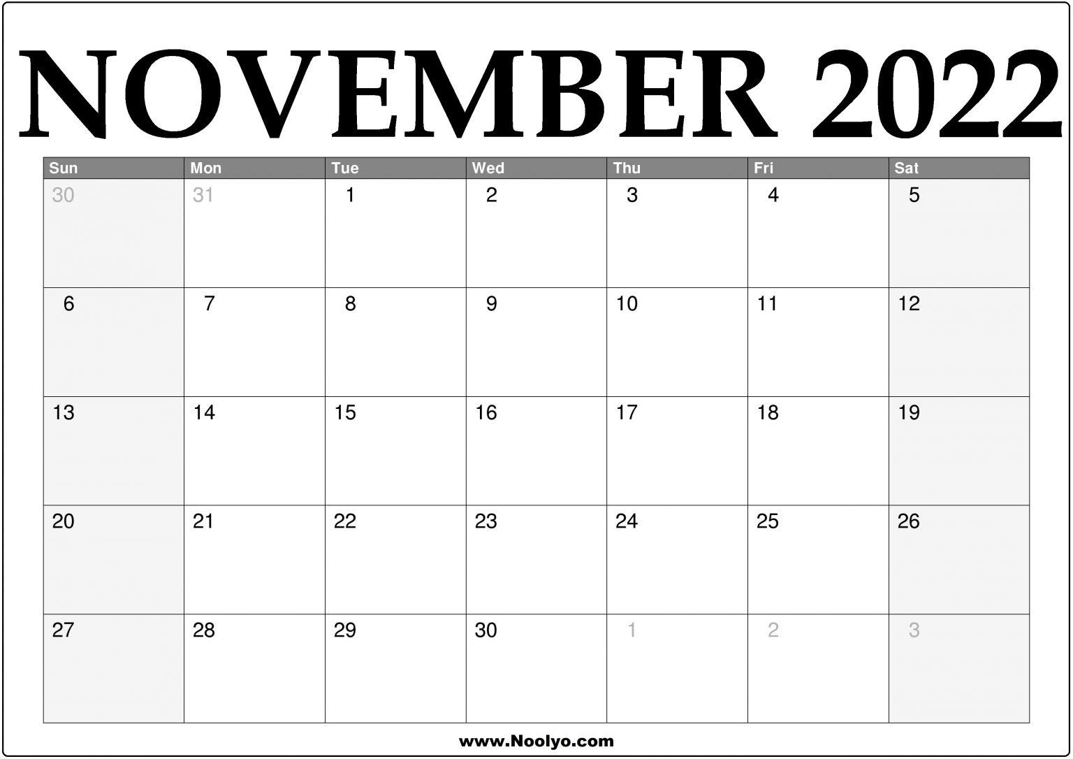 2022 November Calendar Printable – Download Free – Noolyo.com