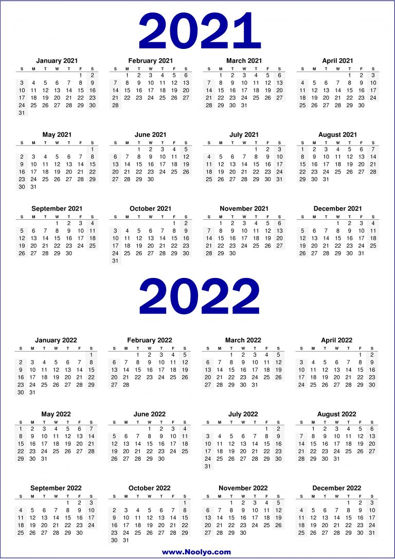 2 Year 2021 and 2022 Calendar Printable – Noolyo.com