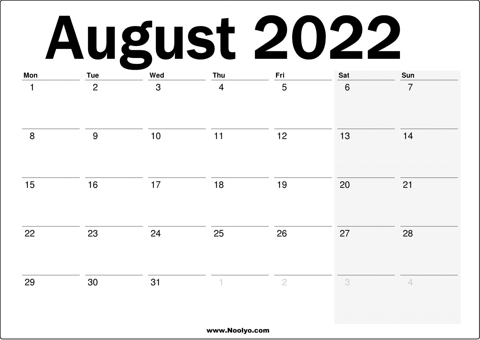2022 UK August Calendar Printable Noolyo