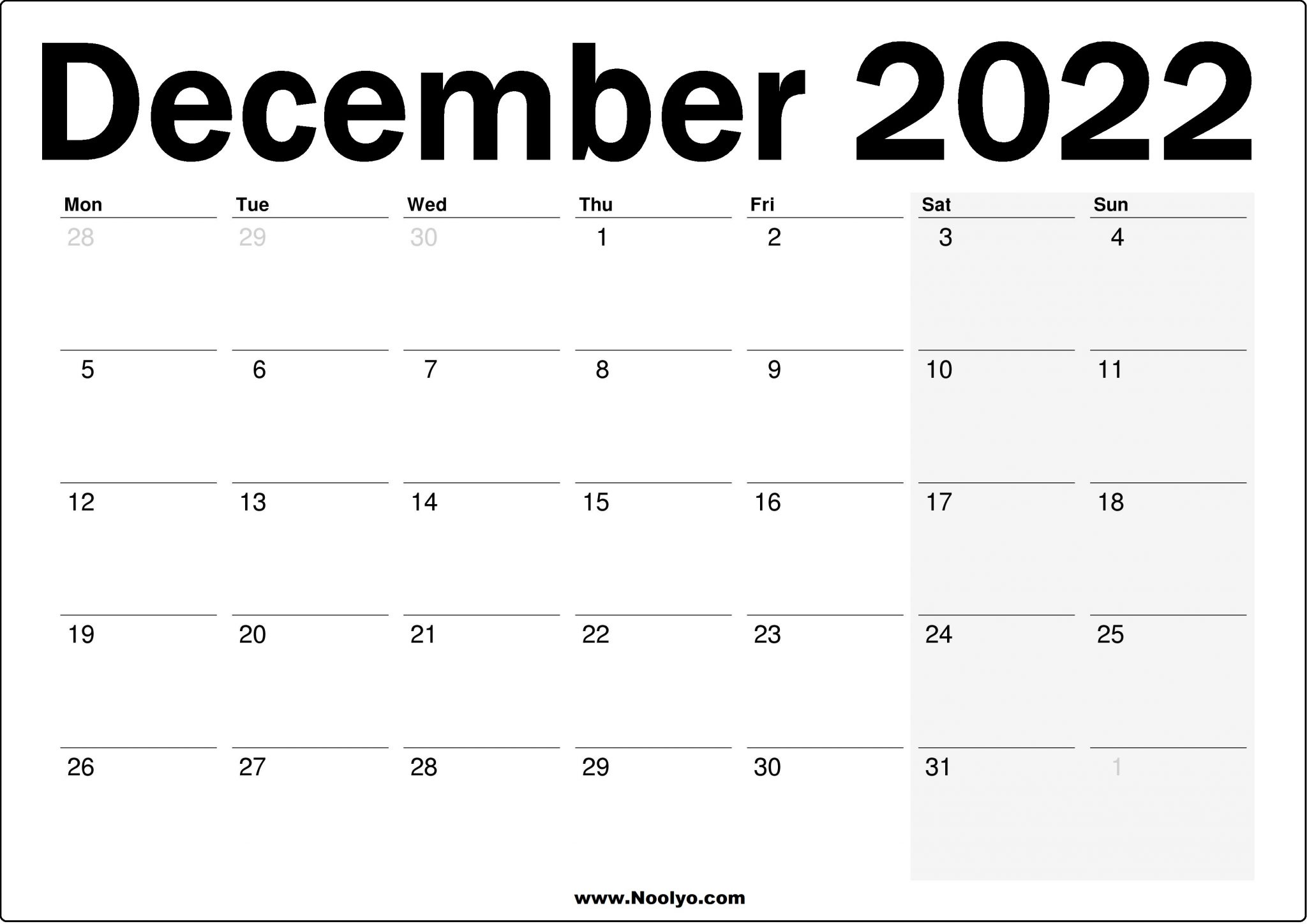 2022 UK December Calendar Printable – Noolyo.com