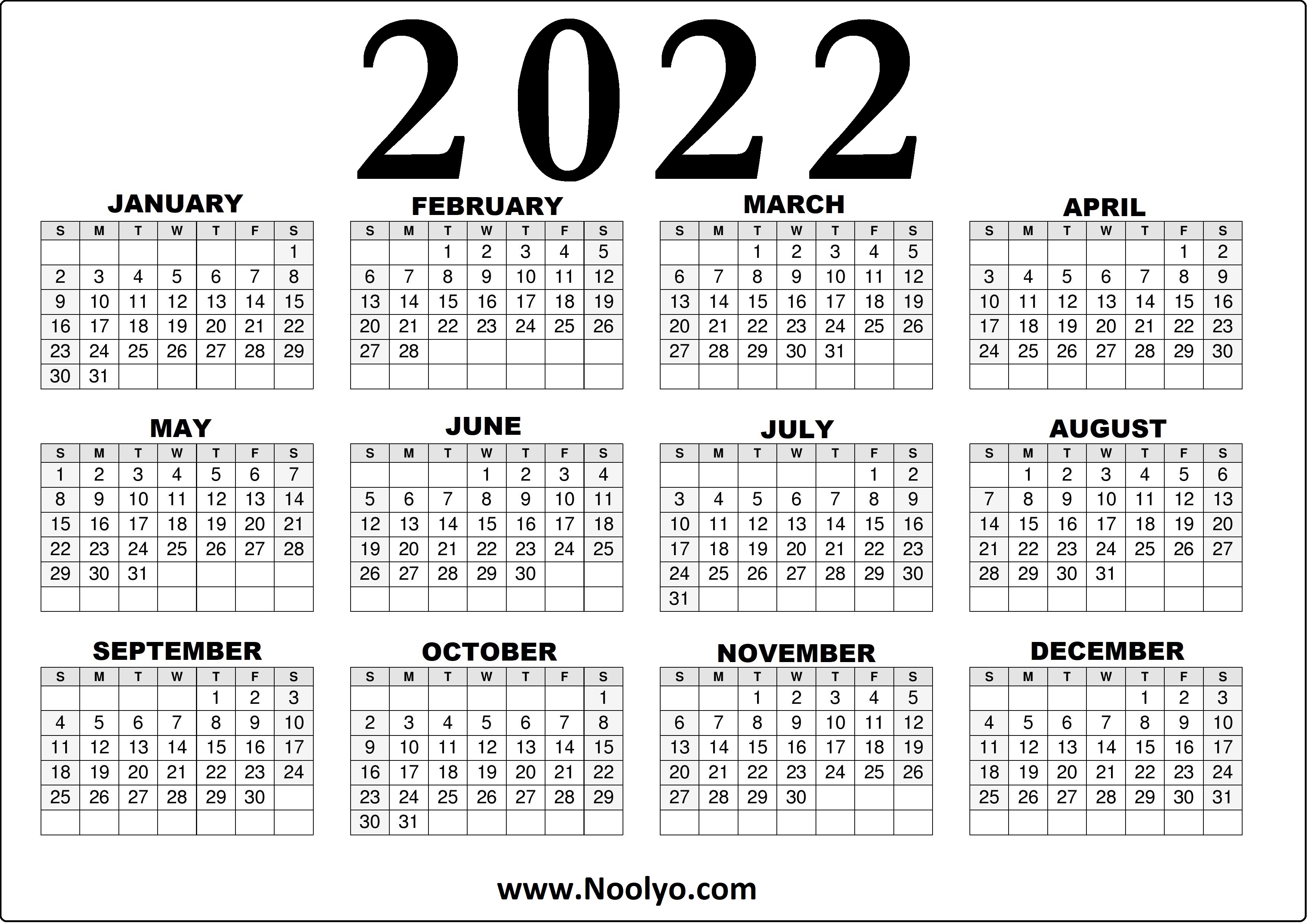 One Page 2022 Printable A4 Calendar Noolyo