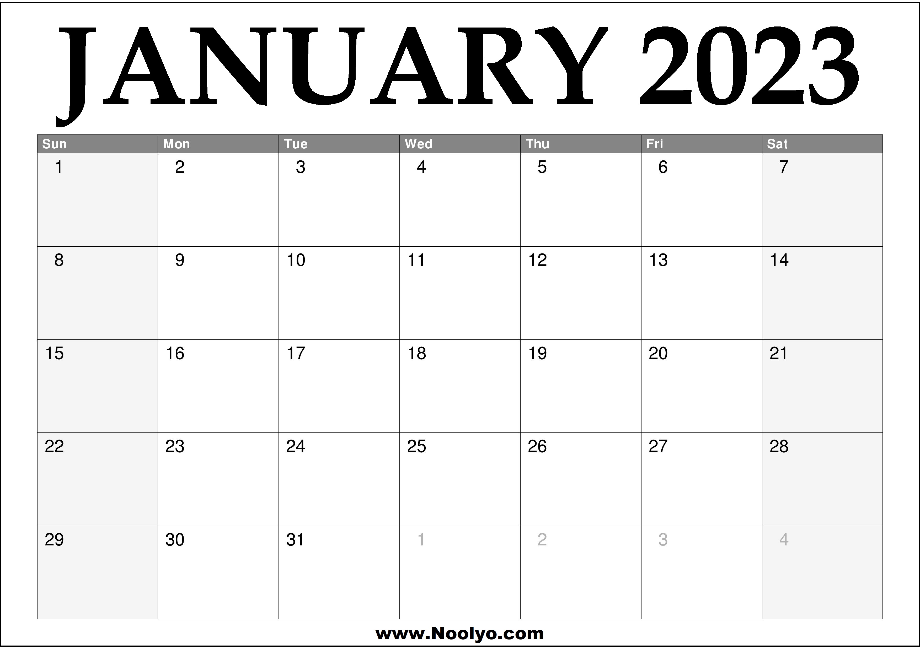 2023 January Calendar Printable Noolyo 2023 January Calendar Printable Noolyo