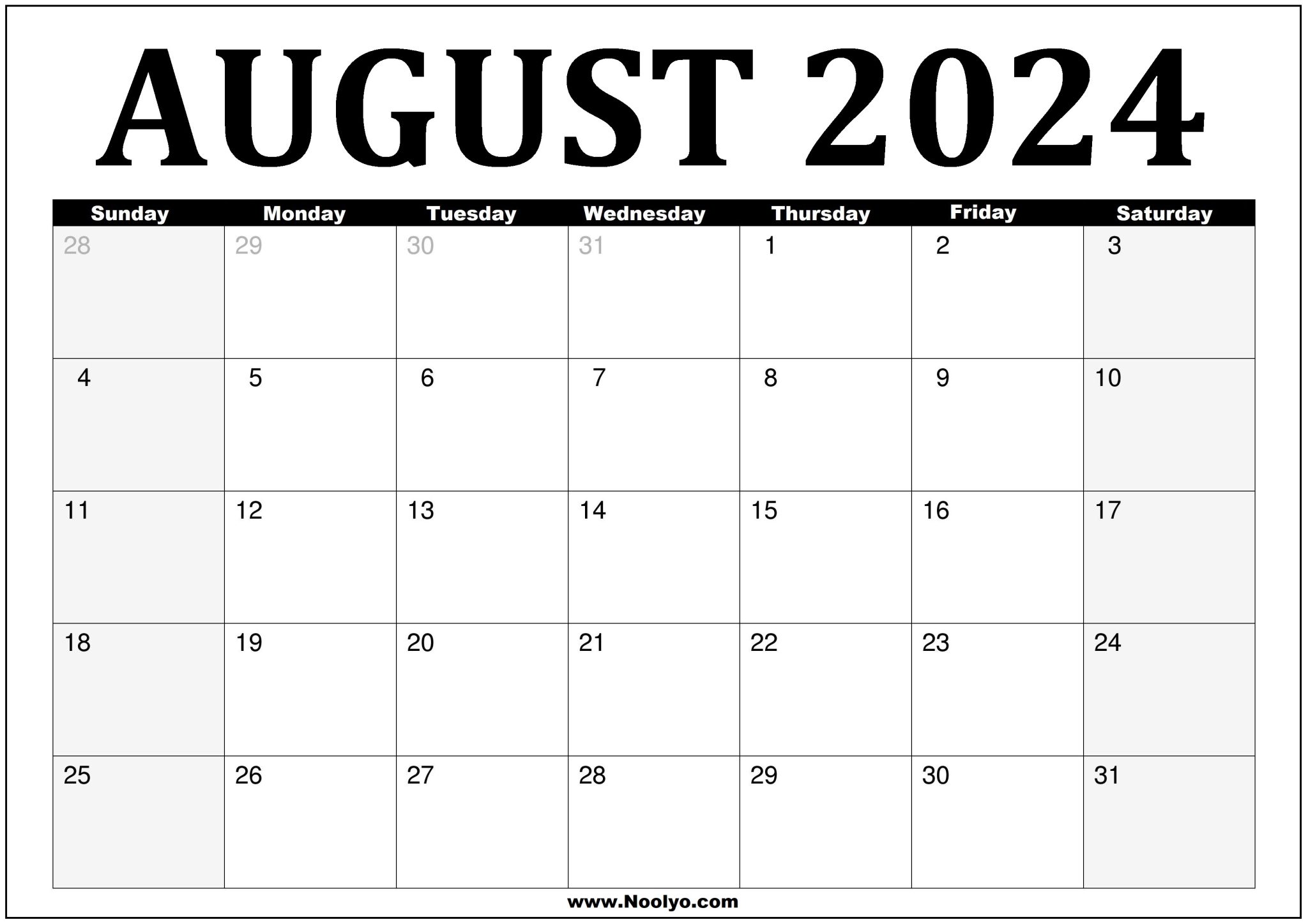 2024 August Printable Calendar – Noolyo.com