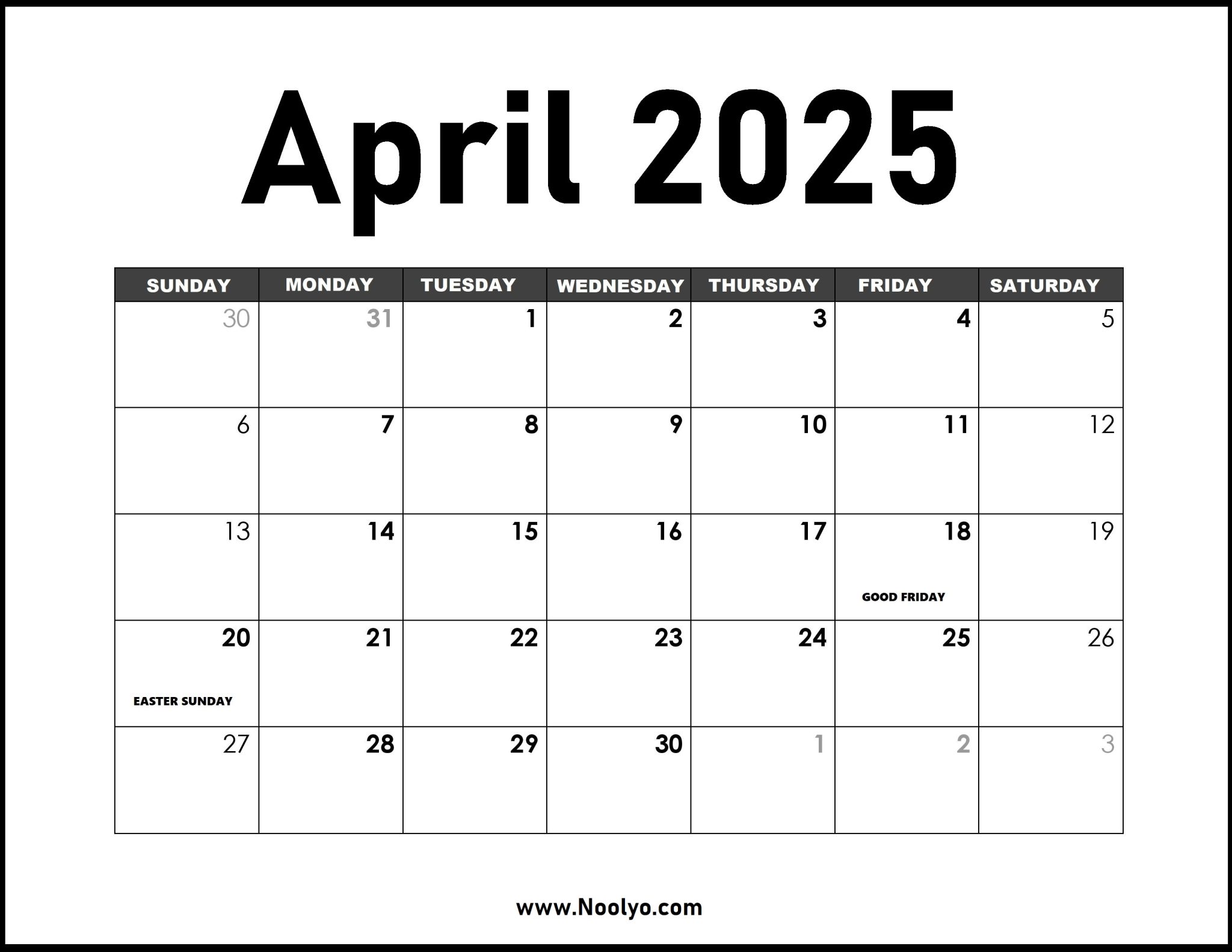 April 2025 US Calendar Monthly Free Printable – Noolyo.com