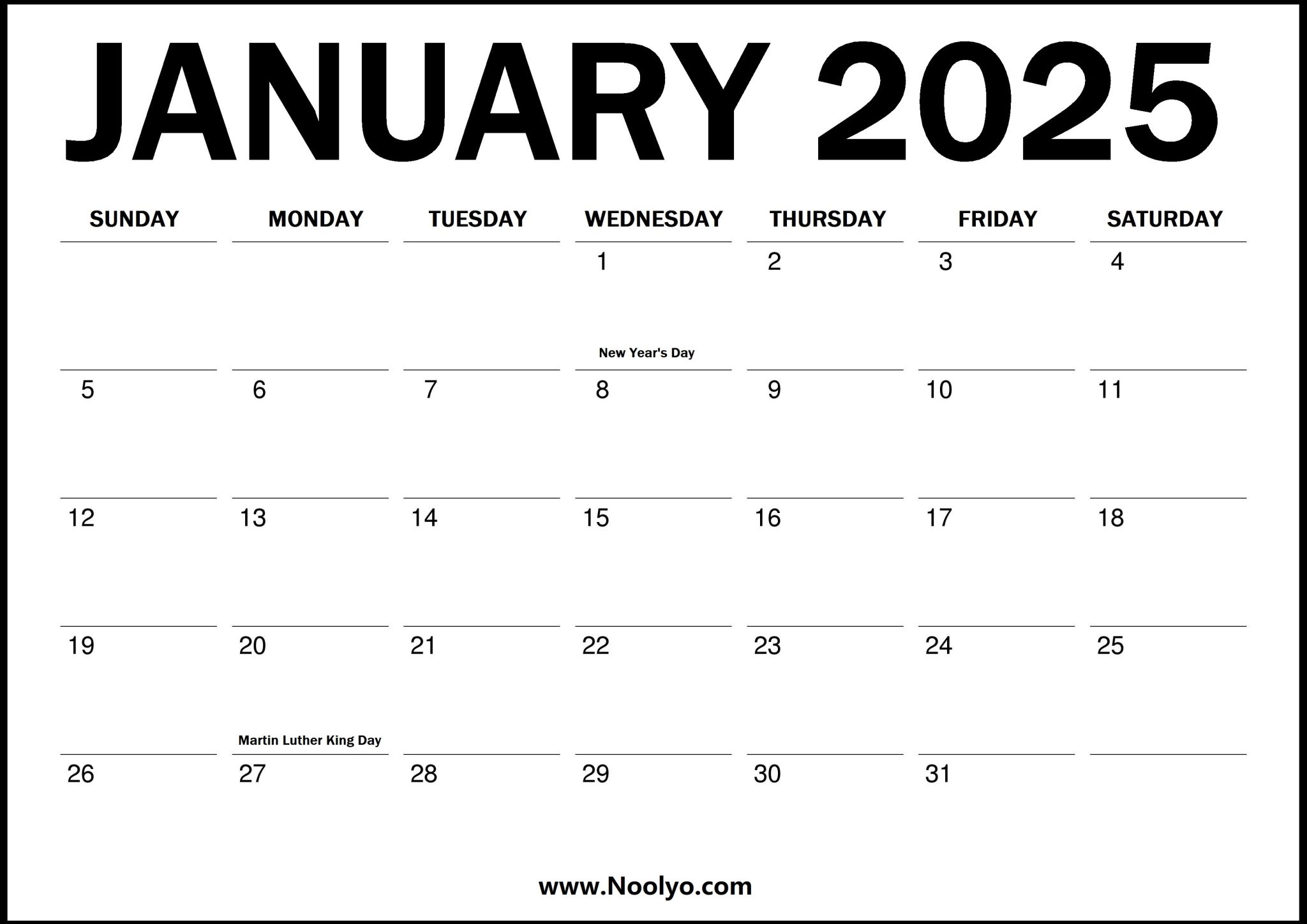 Printable January 2025 Calendar – Noolyo.com