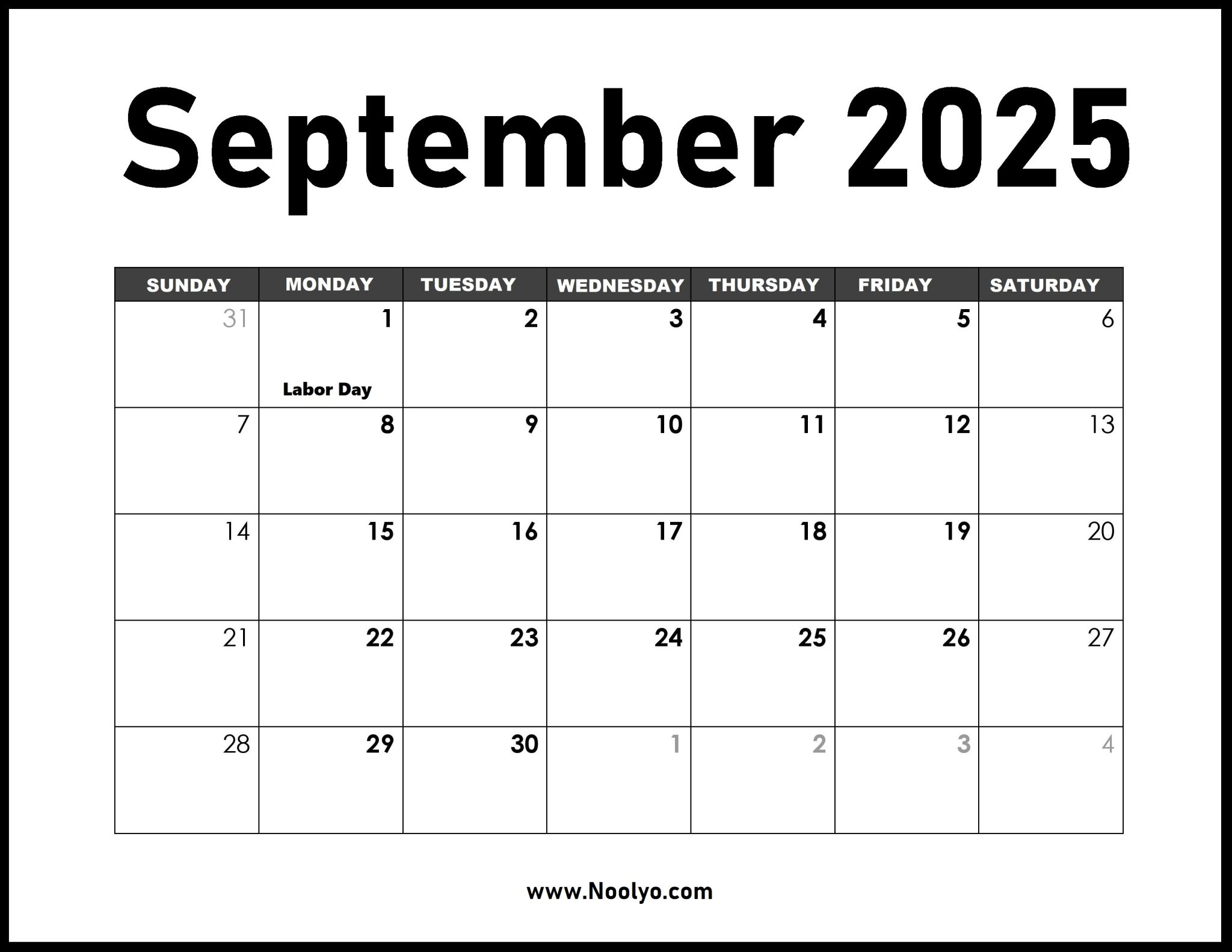 September 2025 US Calendar A4 Size – Printable – Noolyo.com