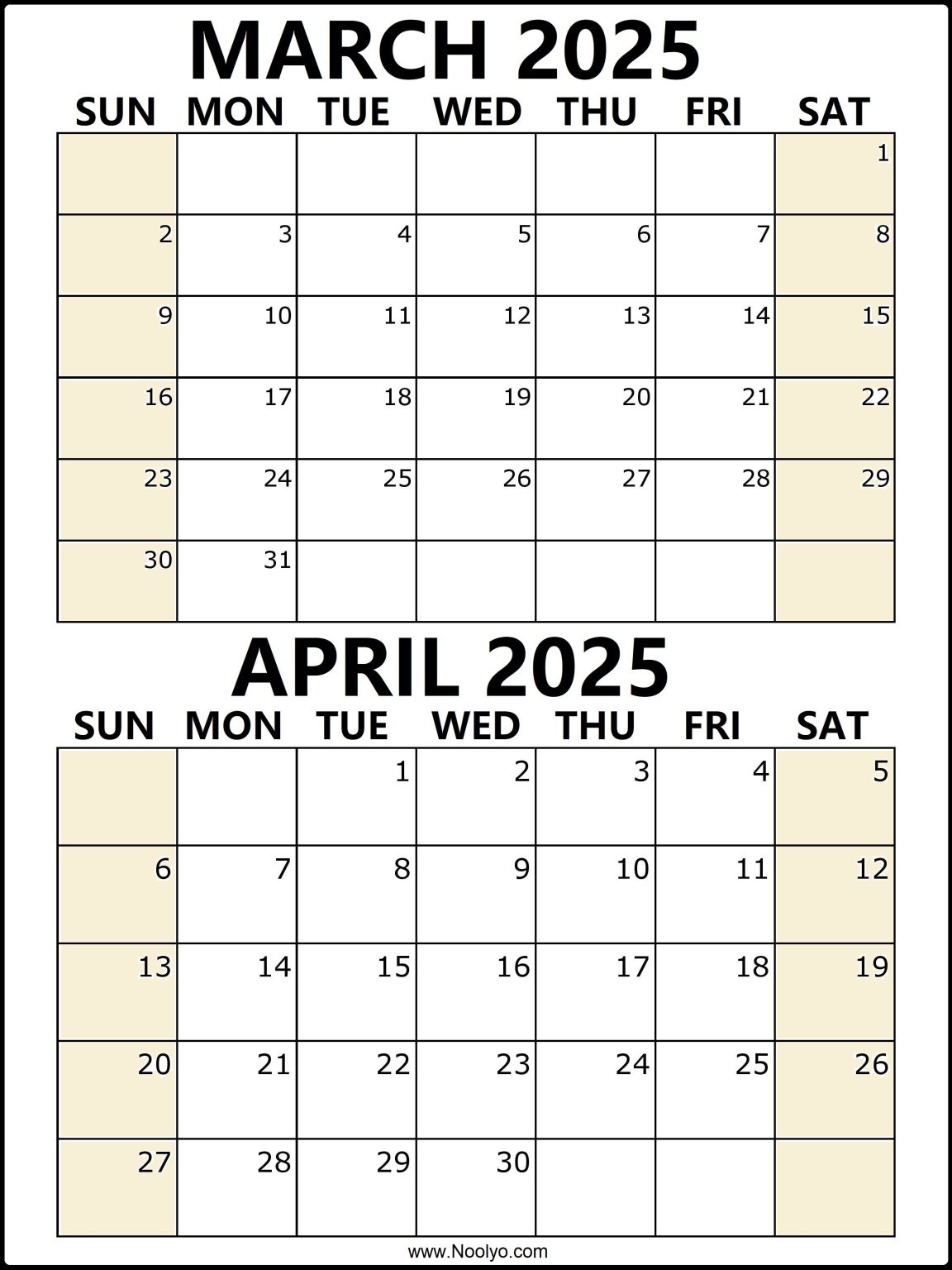 March and April 2025 Calendar – 2 Months Per Page – Noolyo.com