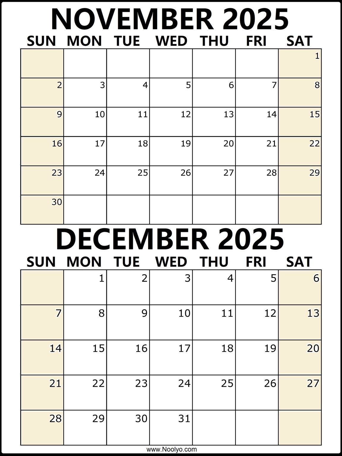 November and December 2025 Calendar Printable One Page – Noolyo.com