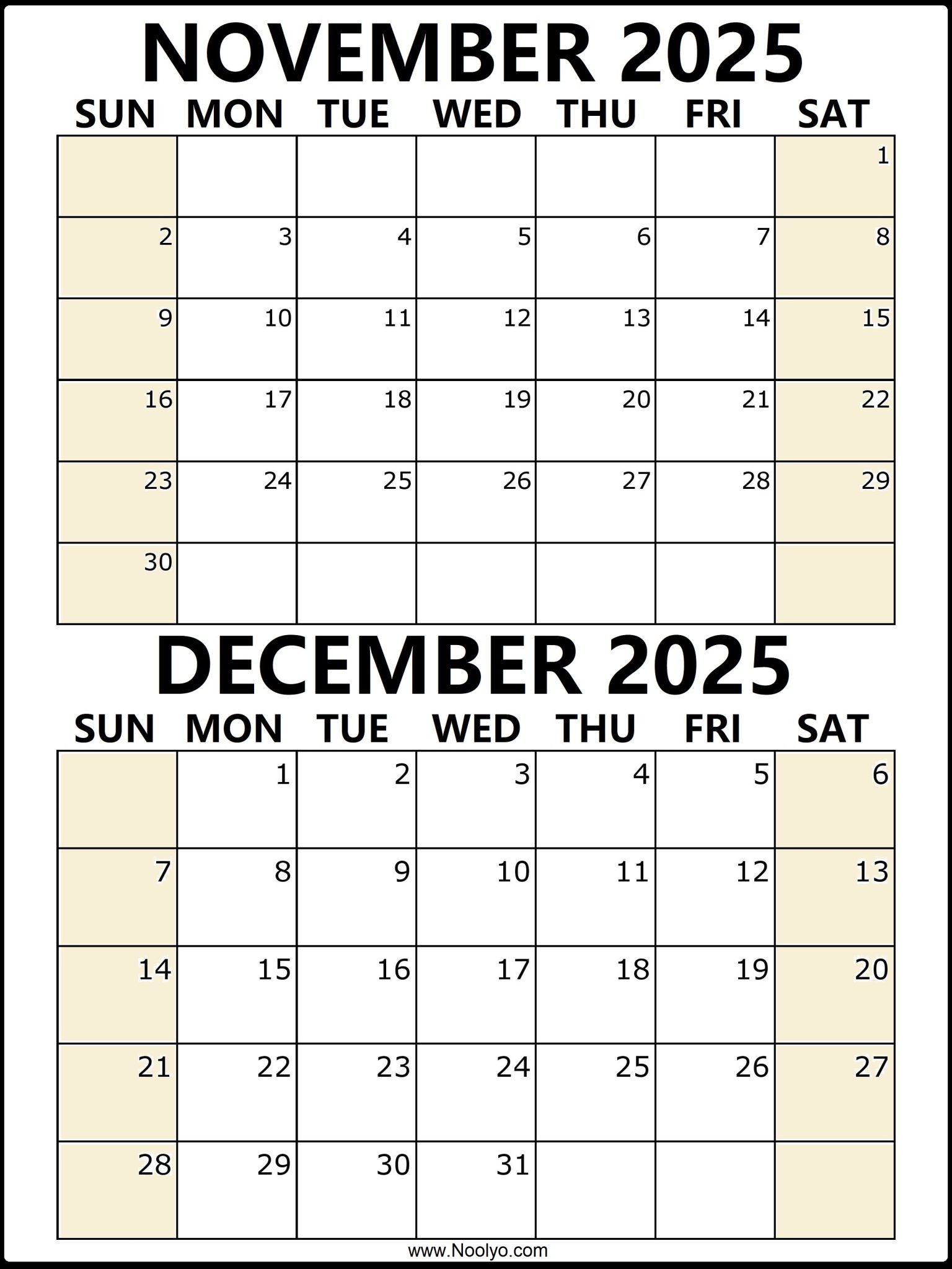 November and December 2025 Calendar Printable One Page – Noolyo.com