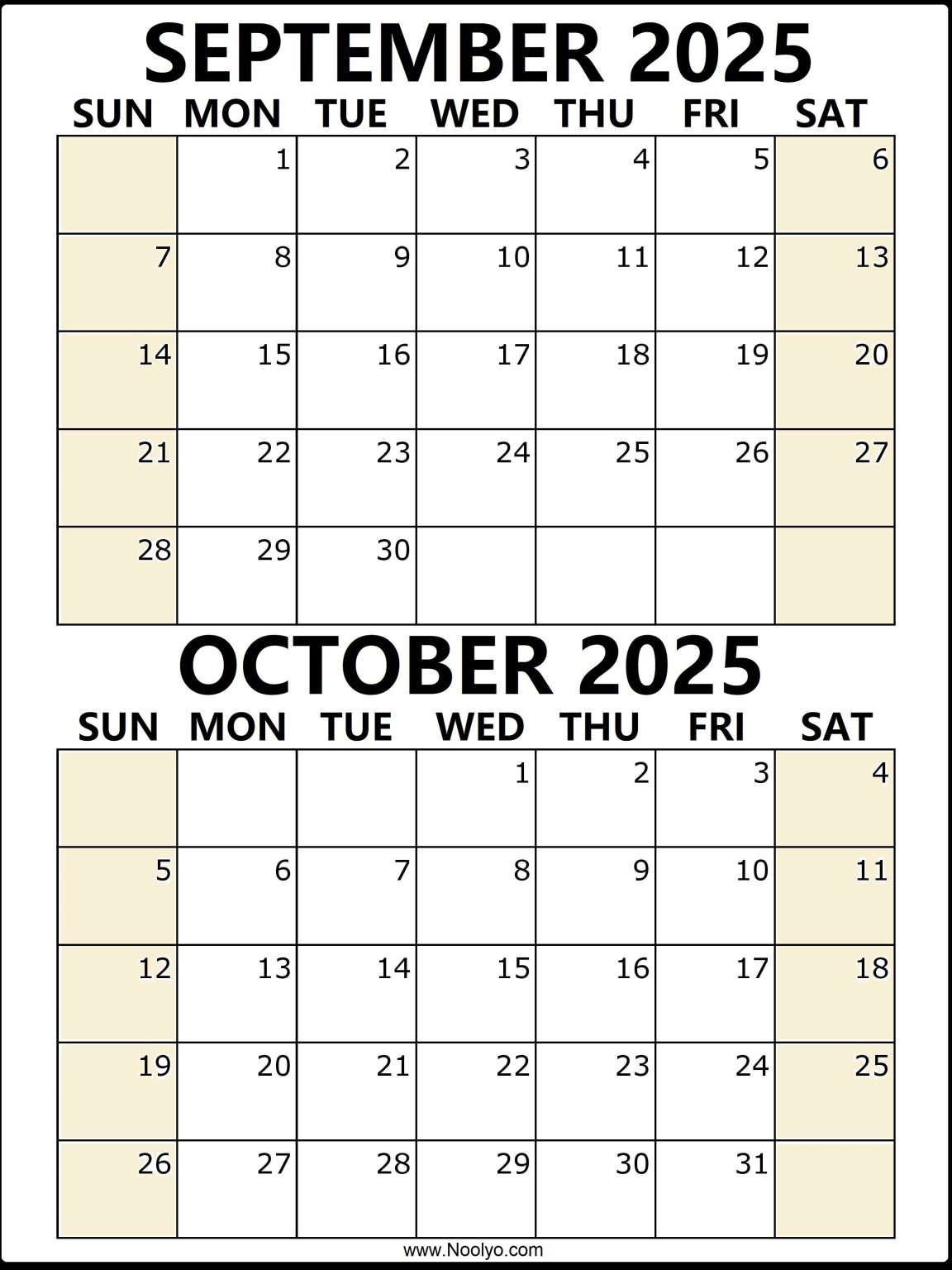 September and October 2025 Calendar Printable – One Page – Noolyo.com