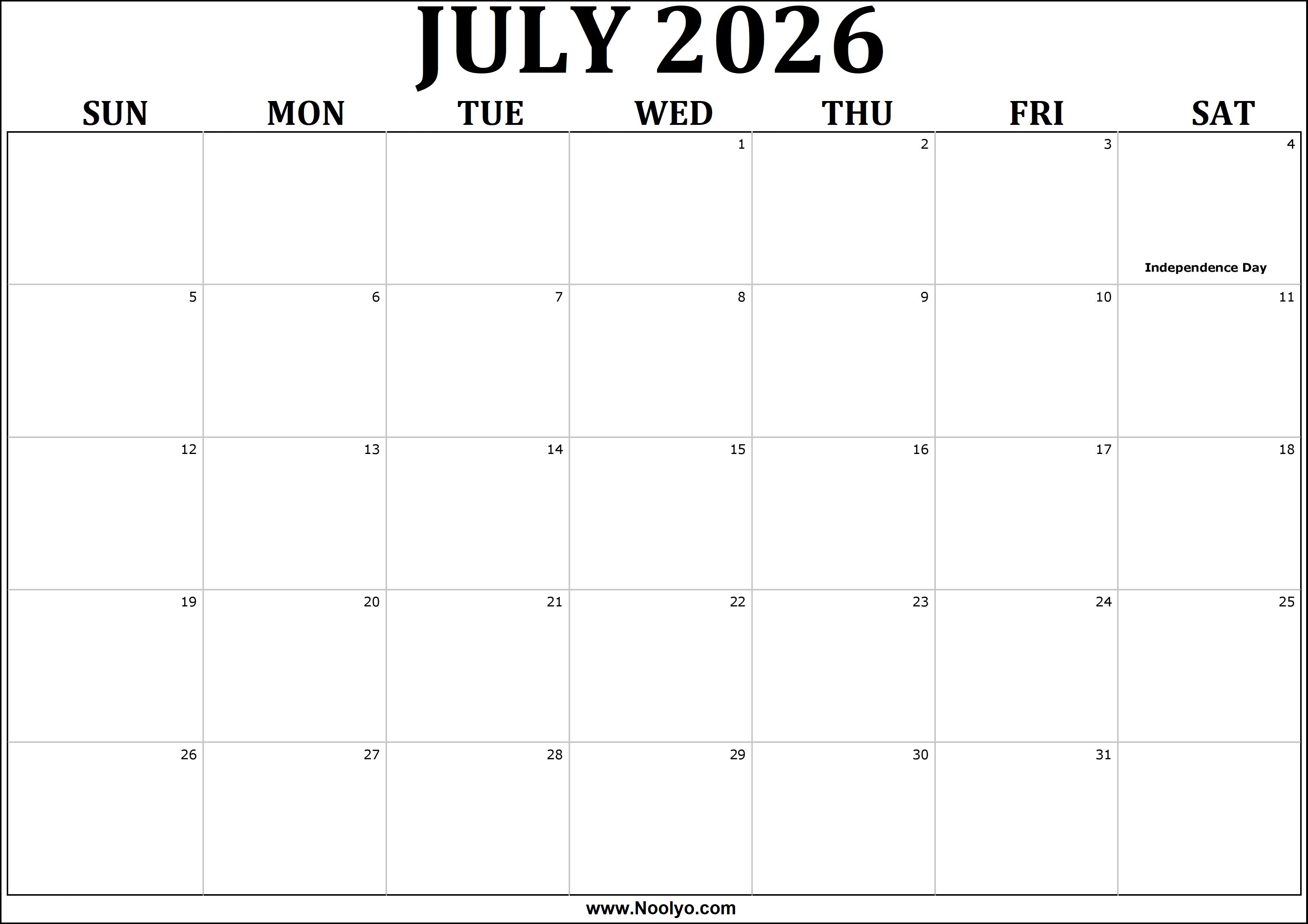 2026 July Printable Calendar 2026 July Noolyo