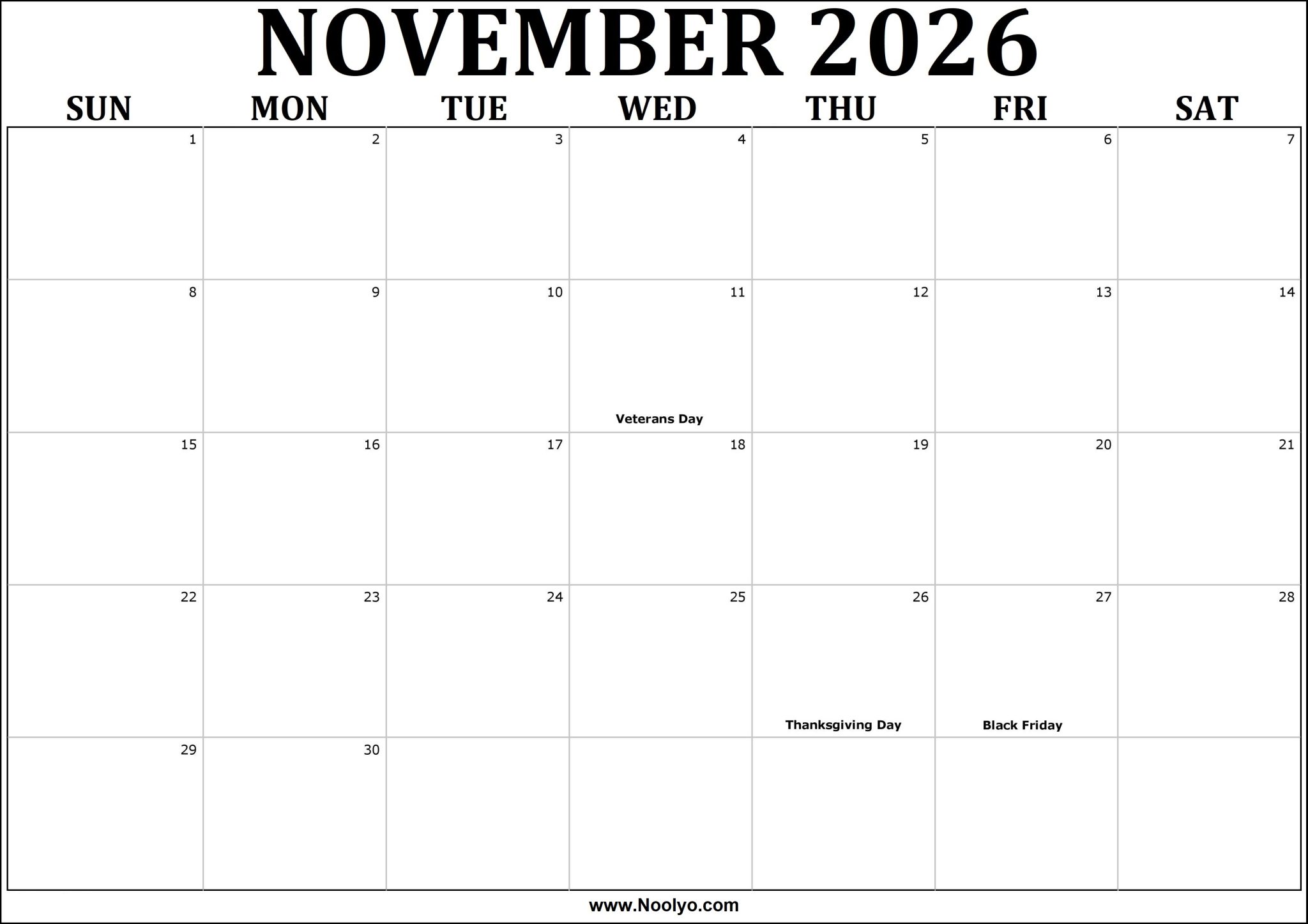 2026 November Calendar Free Printable – Noolyo.com