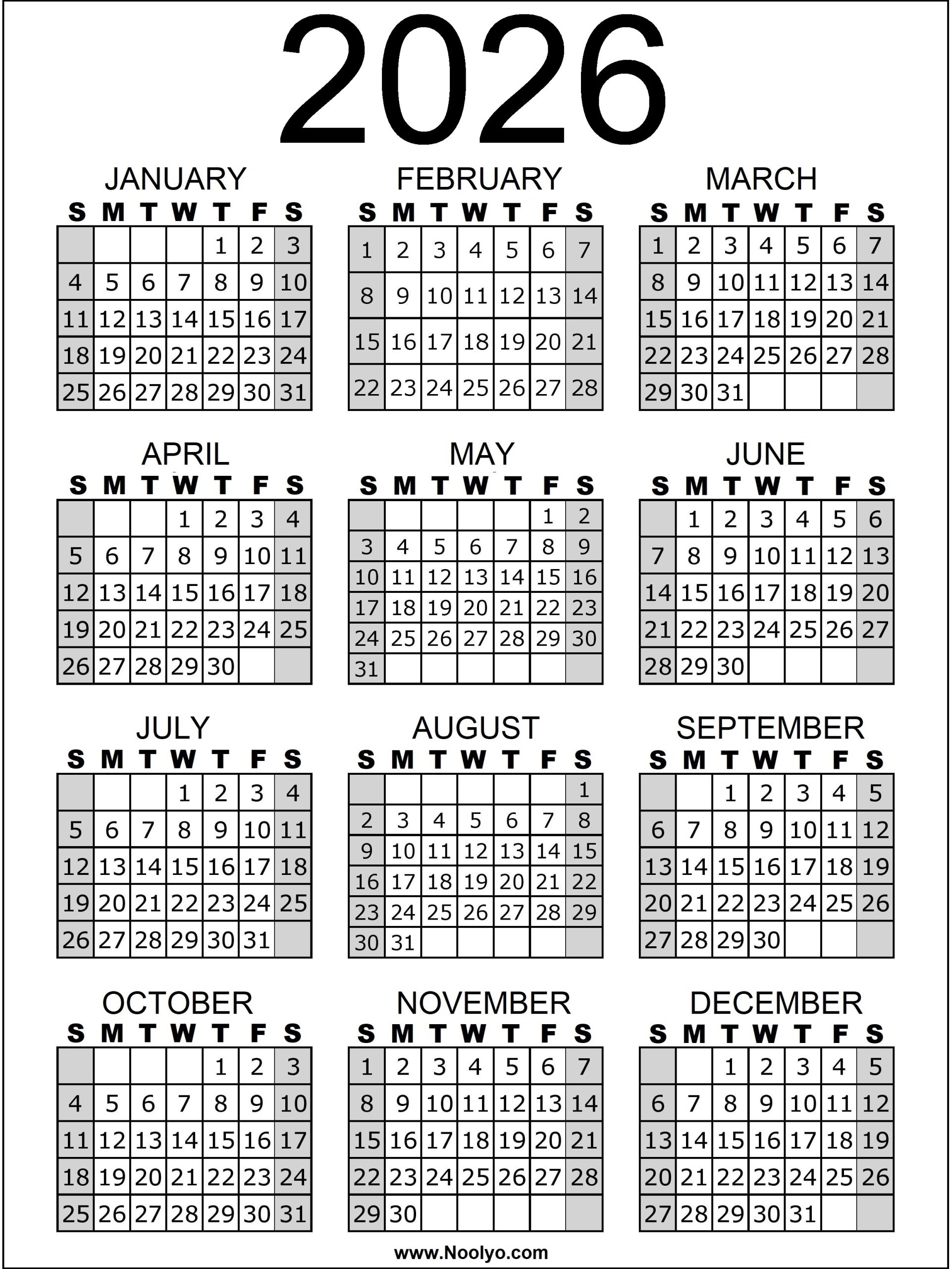 Year 2026 Calendar Printable A4 Size Free – Noolyo.com