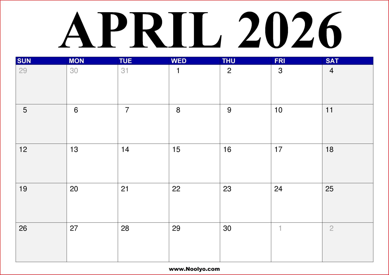 April 2026 Calendar Printable with Holidays – Noolyo.com