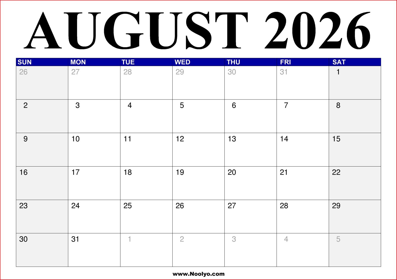August and September 2026 Two Months Calendar – Noolyo.com