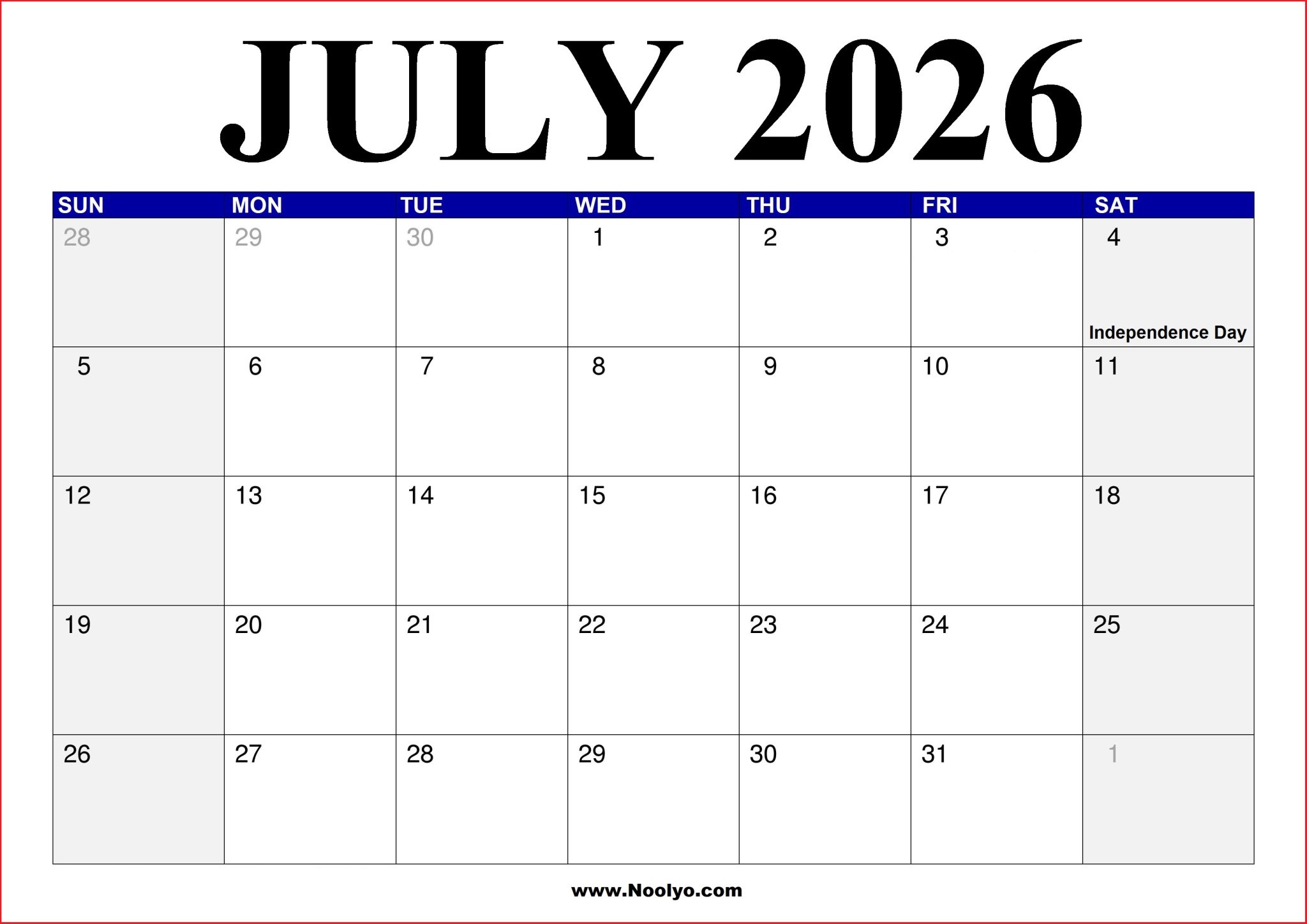 July 2026 Monthly Calendar Printable – Noolyo.com