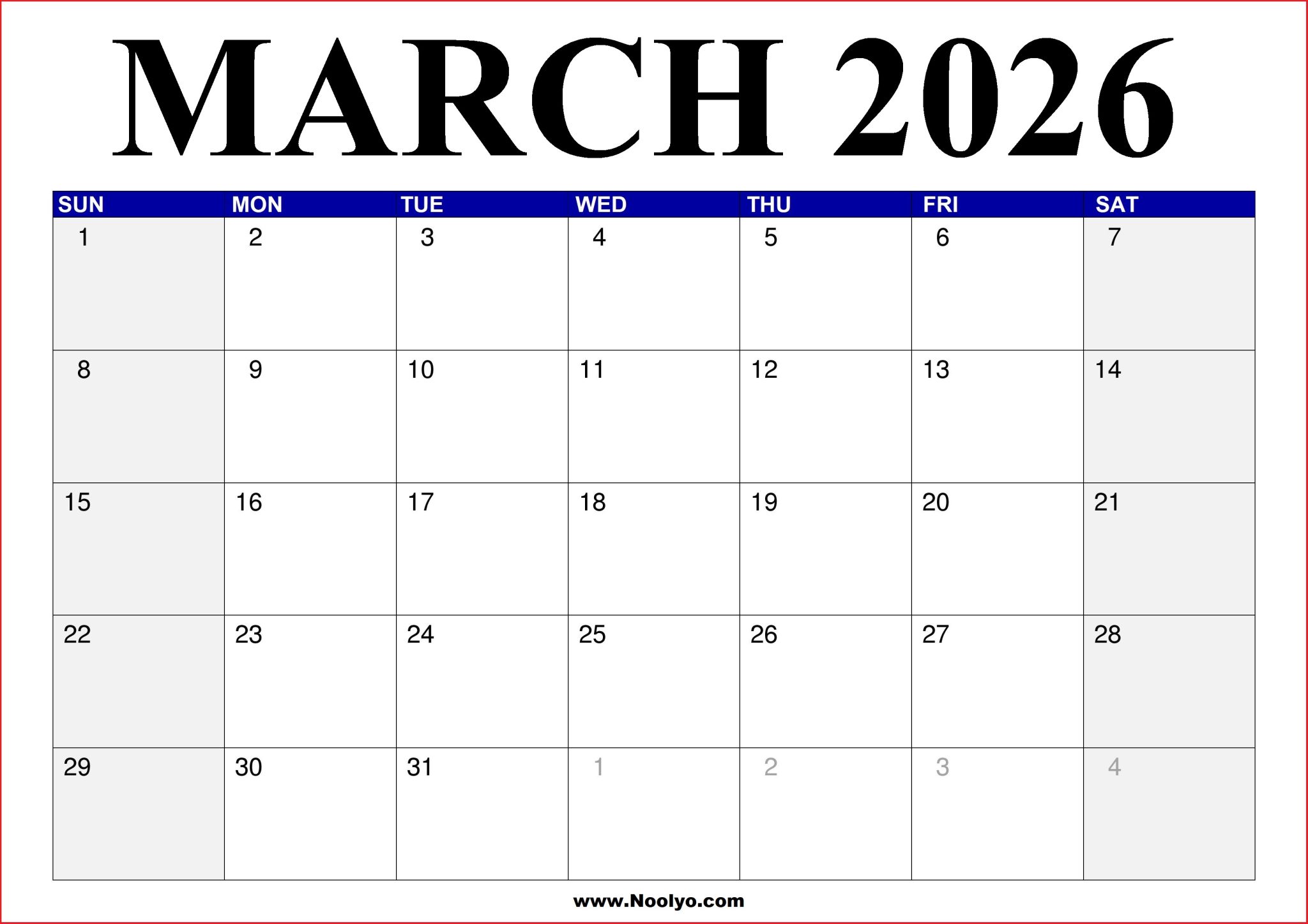 March 2026 Calendar Printable with Holidays – Noolyo.com