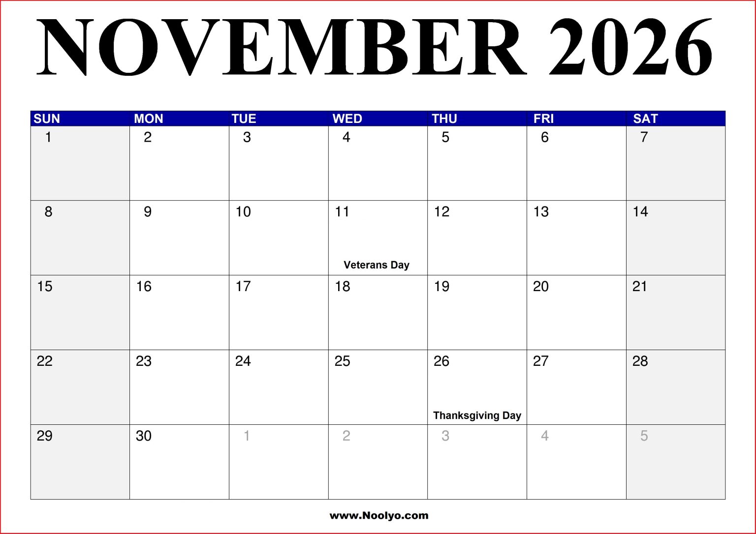 November 2026 Printable Calendar with US Holidays – Noolyo.com