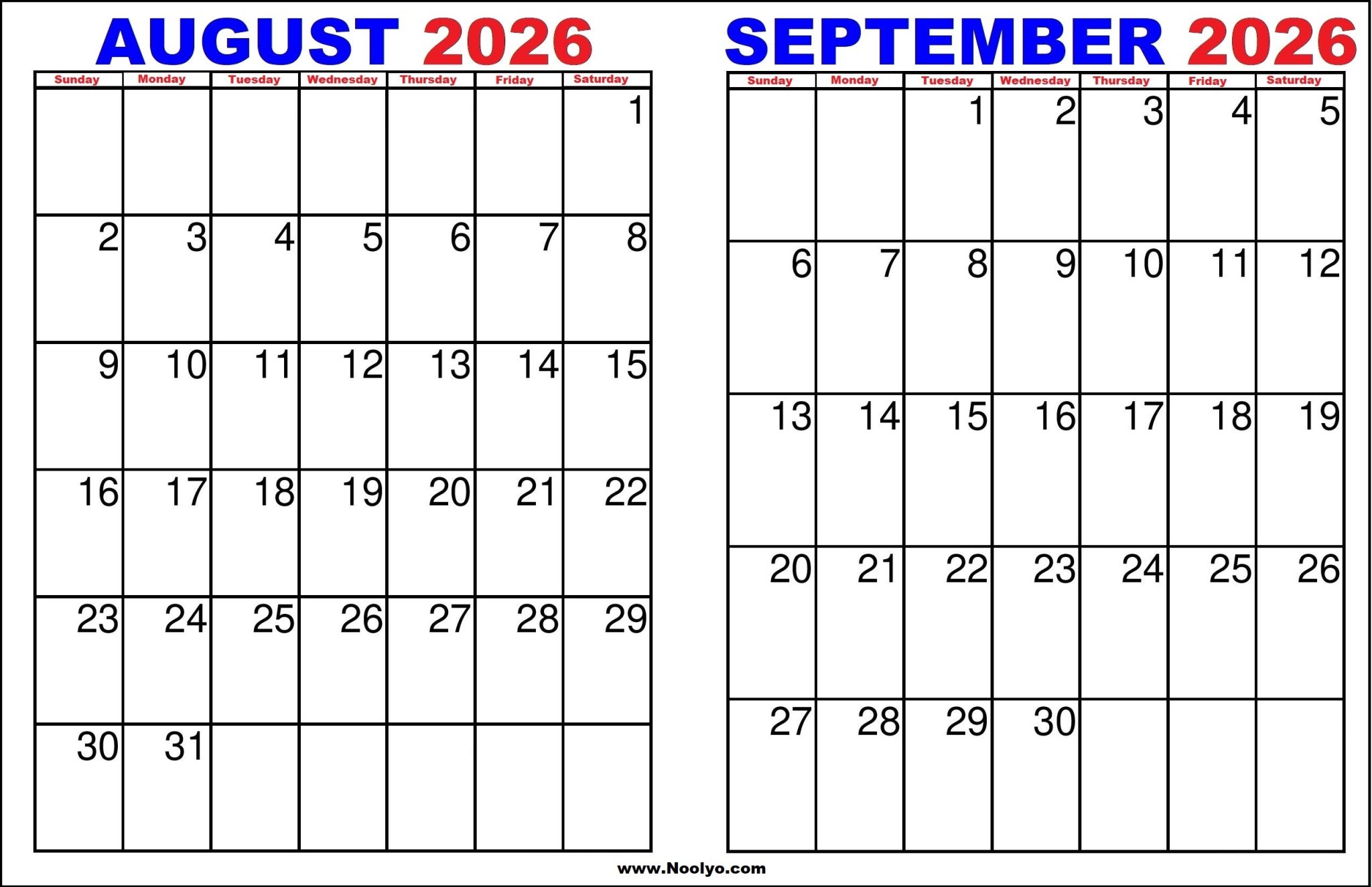 August and September 2026 Two Months Calendar – Noolyo.com
