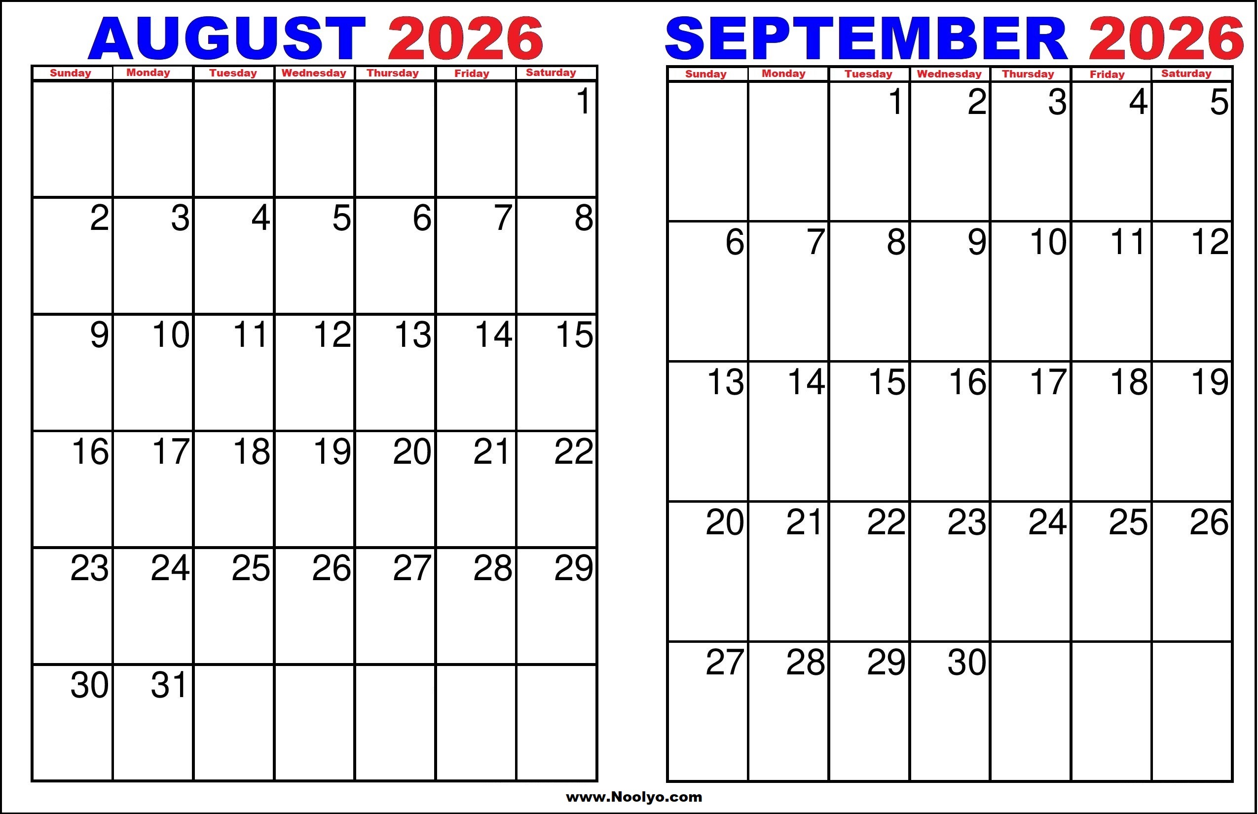Download And Print August 2026 September 2026 Calendar Free PDF Download And Print August 2026 September 2026 Calendar Free PDF