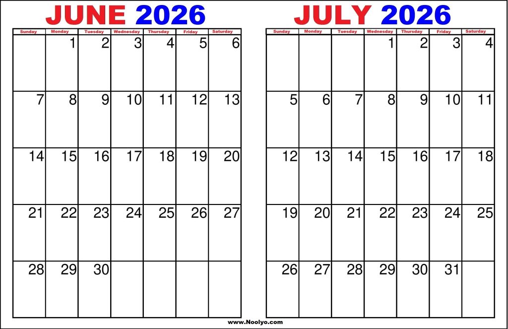 June and July 2026 Calendar – Two Months – Noolyo.com