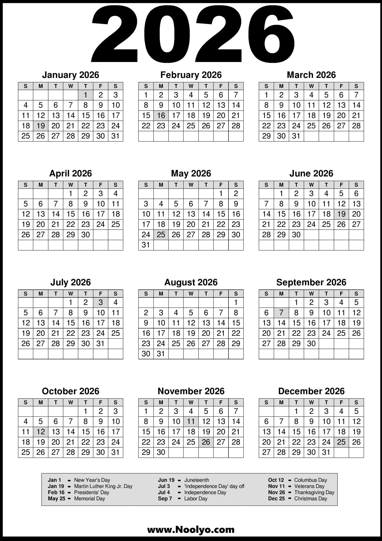 2026 Calendar Printable With Holidays – Noolyo.com