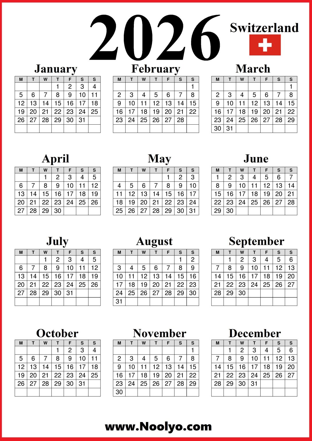 2026 Switzerland Calendar Printable Free – Noolyo.com