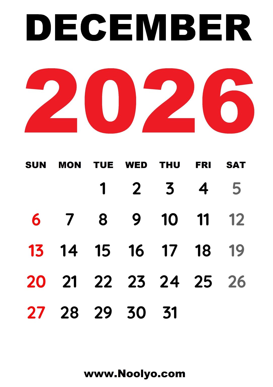December 2026 Printable Calendar – Free Template – Noolyo.com