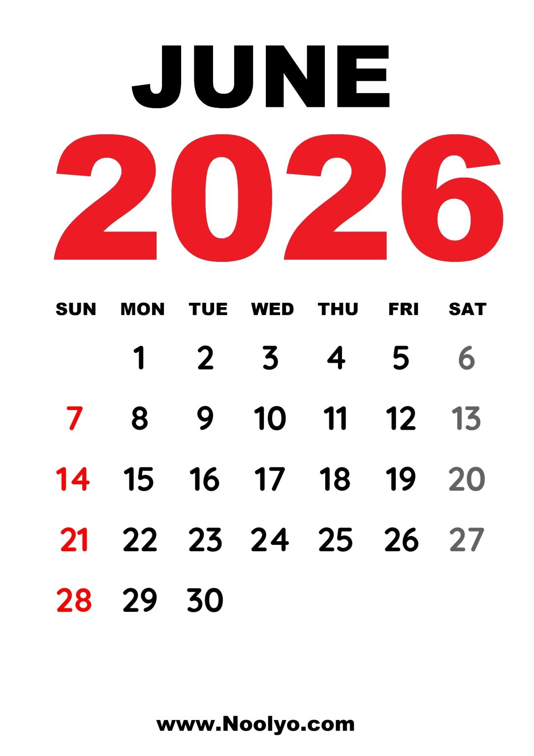 June 2026 Calendar Printable – Free Calendar with Holidays – Noolyo.com