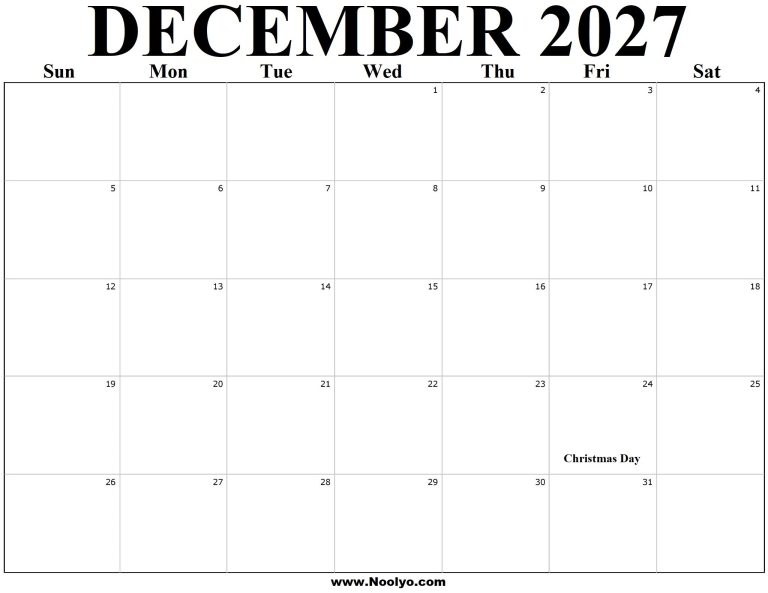 2027 December Calendar with Holidays – Noolyo.com