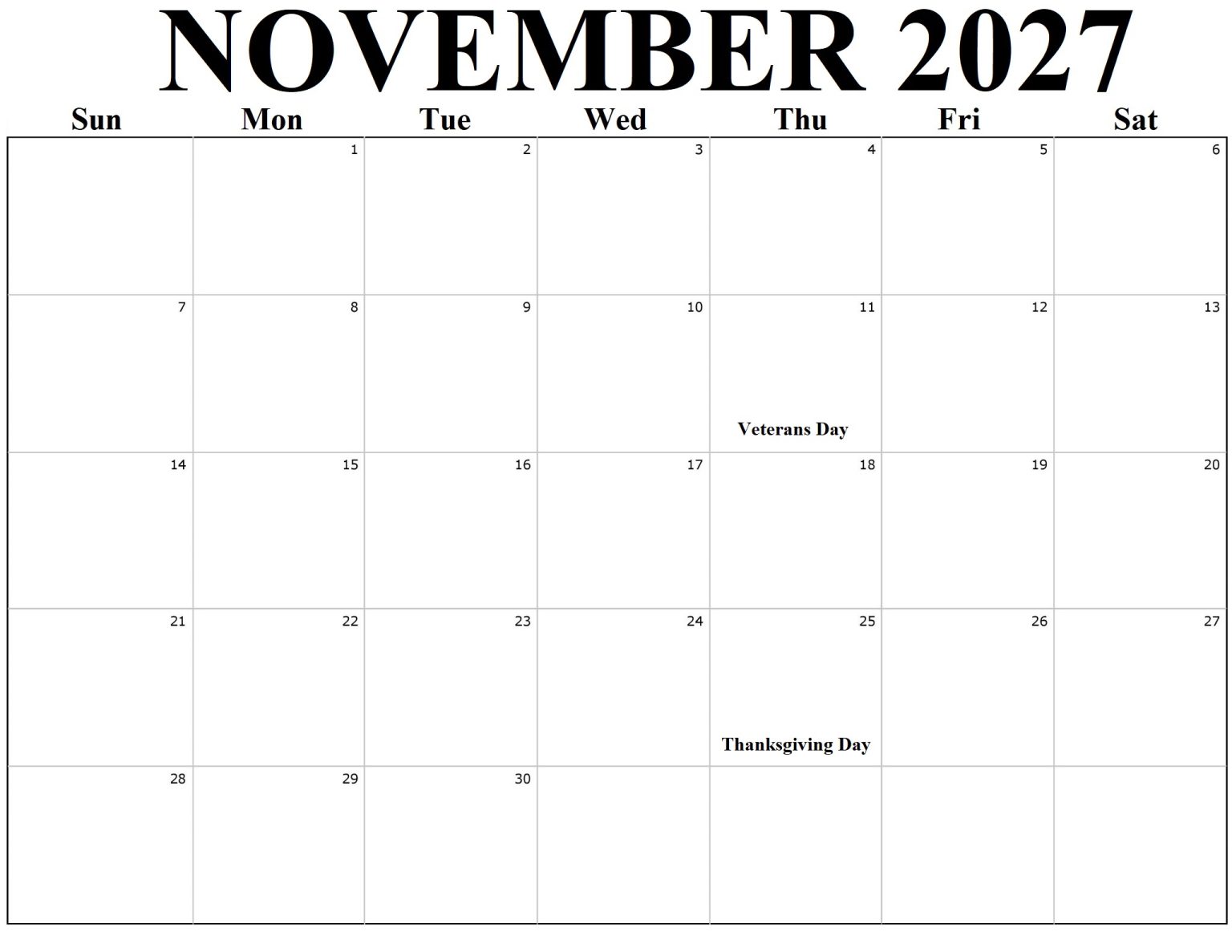 2027 November Calendar with Holidays – Noolyo.com