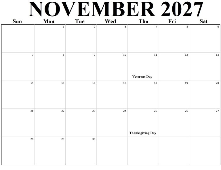 2027 November Calendar with Holidays – Noolyo.com
